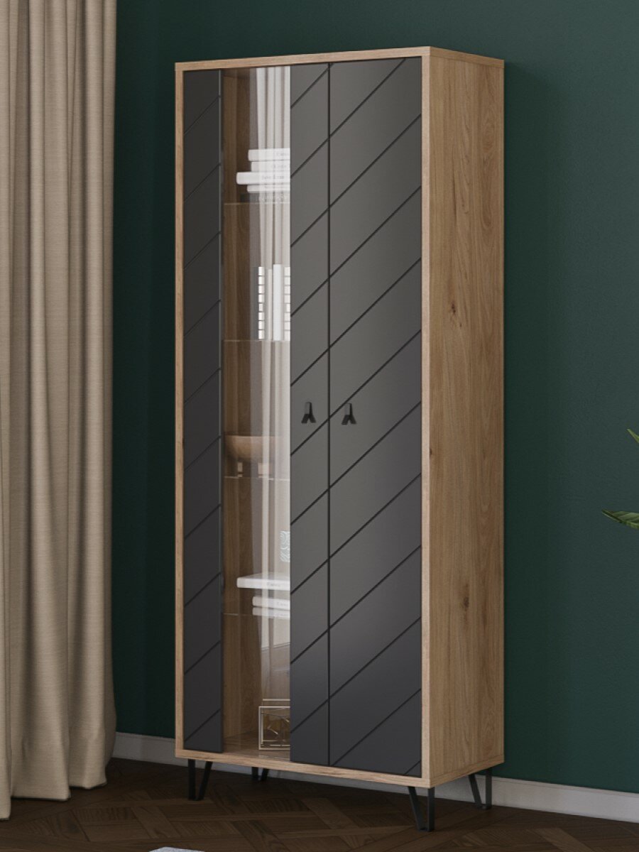 Шкаф двухдверный со стеклом Askona (Аскона) Agira (Агира) Гикори кингстон+Антрацит 79х200х41