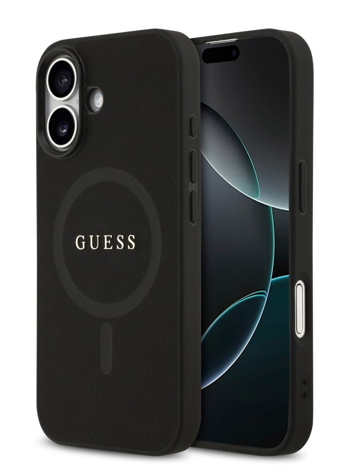Guess чехол с MagSafe для iPhone 17, PU кожа Saffiano, металлический логотип, черный