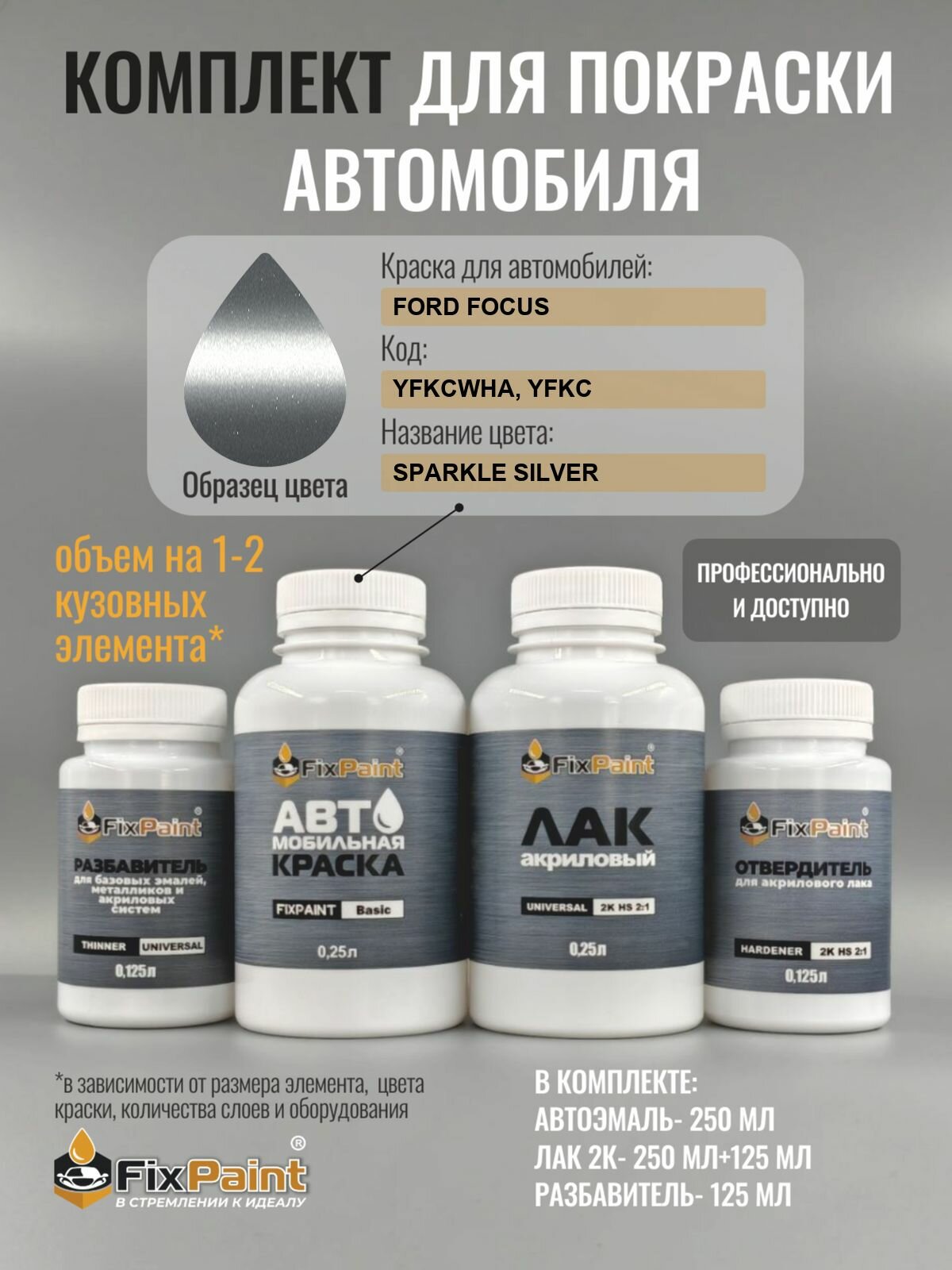 Комплект для покраски FORD FOCUS, код YFKCWHA, YFKC, SPARKLE SILVER, базовая автомобильная эмаль 250 мл, лак 2K 250 мл с отвердителем, разбавитель 125 мл, FixPaint Pro
