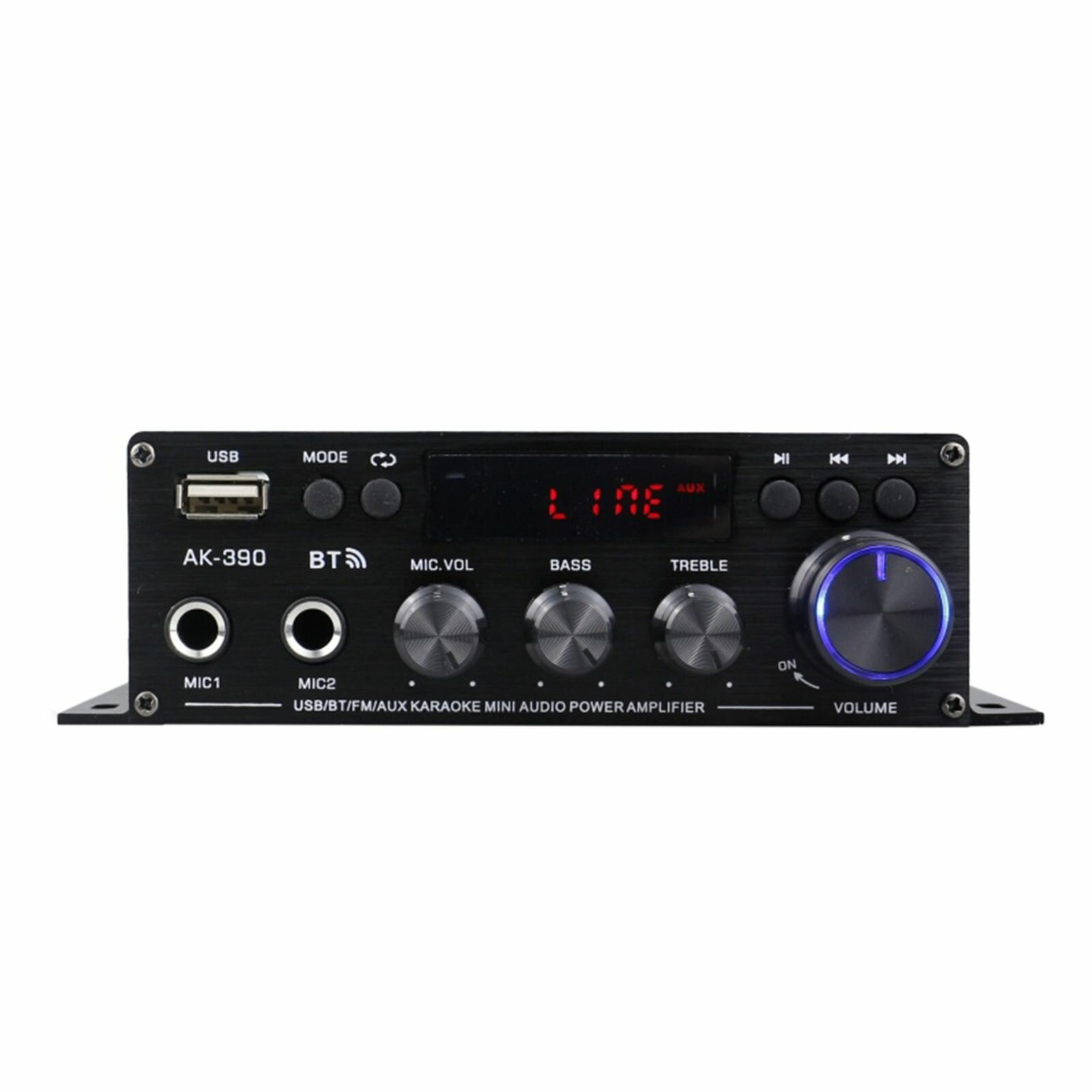 Мини-усилитель звука 2x40Вт: для дома и авто, BT, MP3, FM-радио, ЖК-дисплей, 2 микрофонных входа, пульт ДУ.