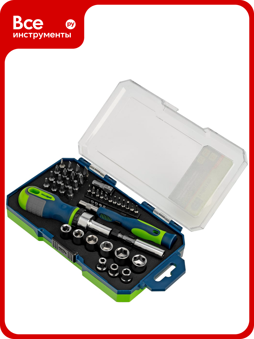 Отвертки реверсивные с набором бит и торцевыми головками, 41 шт. СИБРТЕХ 13338, торцевых