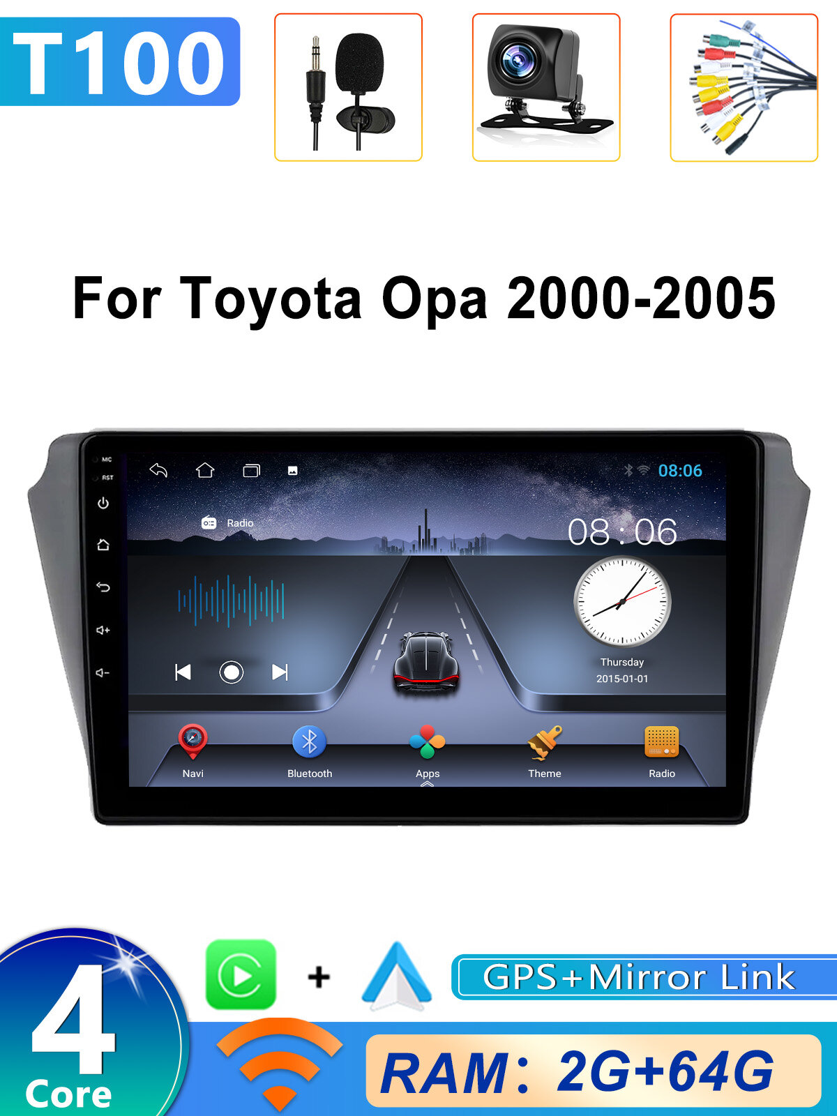Автомагнитола Android подходит для Toyota Opa 2000-2005, Bluetooth Wi-Fi Сенсорные кнопки , Серебристый CARPLAY IPS