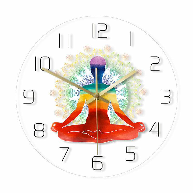 Красочные настенные часы для медитации | Дизайн с радужной йогой | Бесшумные кварцевые часы без тиканья | Циферблат из ПВХ 30 см, пластиковая оправа, питание от батареек | Идеально для дома, студии или офиса