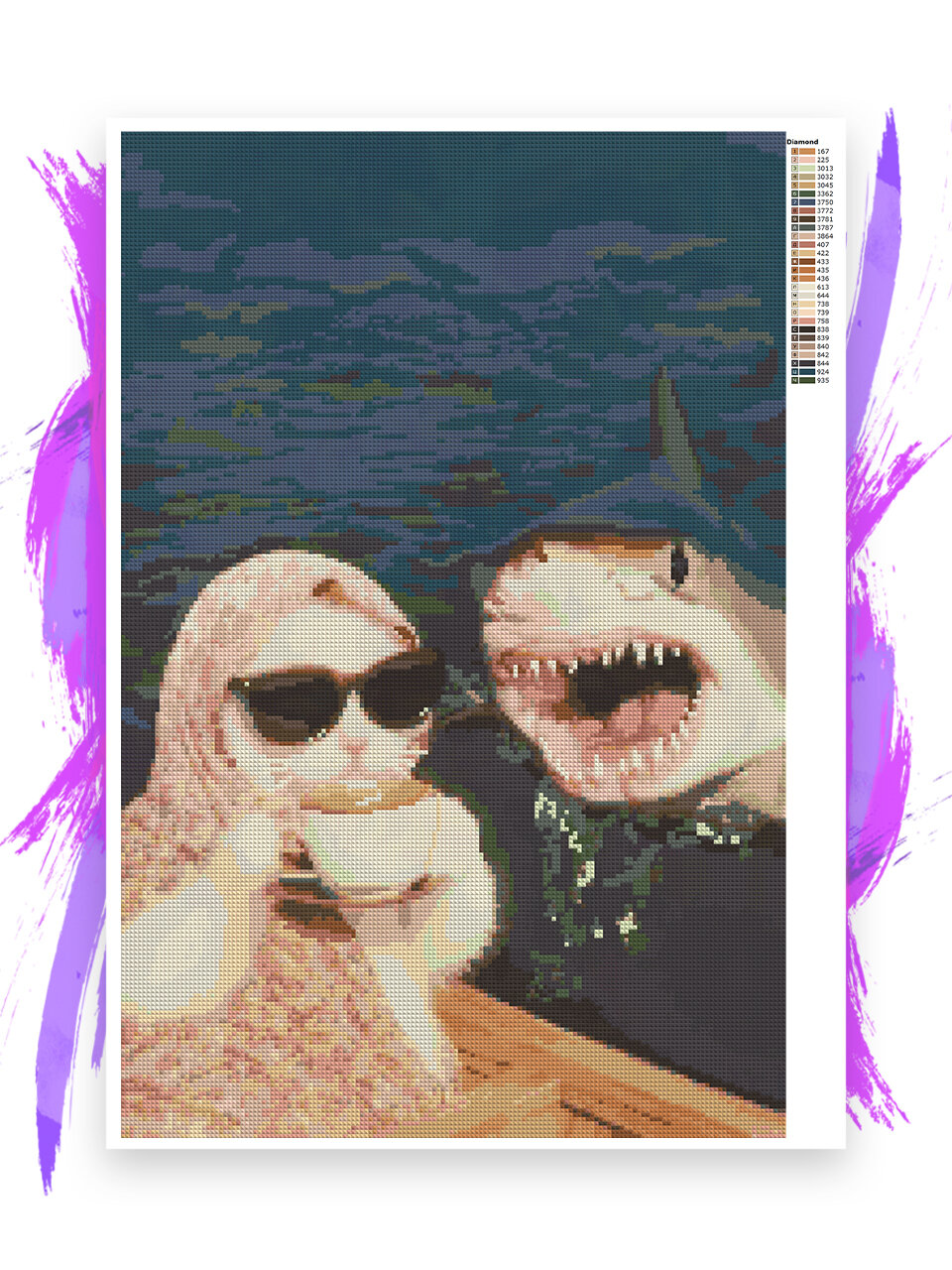 Алмазная мозаика без подрамника - вышивка Кот и акула 40 х 60 см