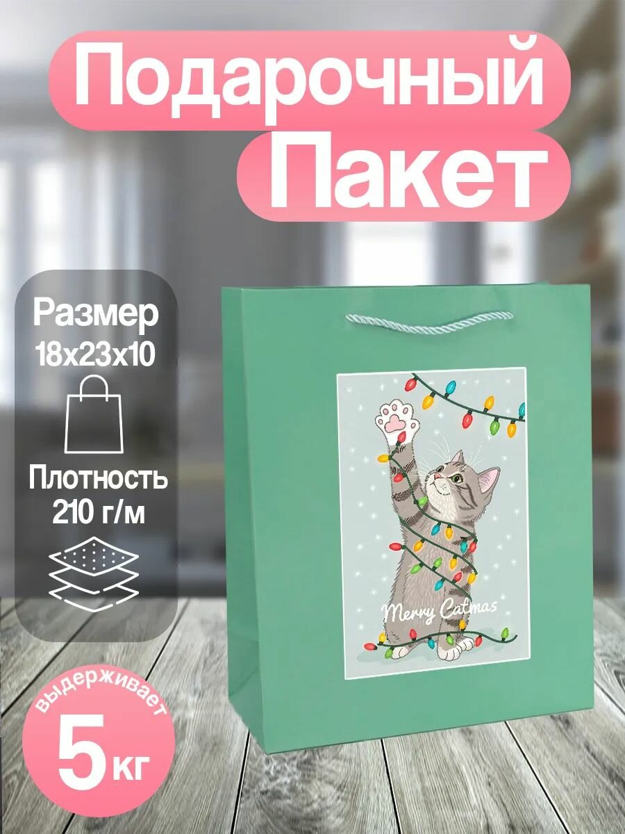 Подарочный пакет маленький зеленый новый год Котики, упаковка для подарка, 18х23 см