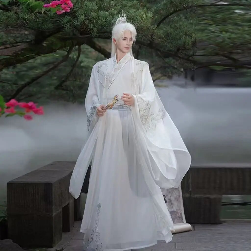 Черно-белый Ханьфу Hanfu с вышивкой для косплея Белый, L, full white set