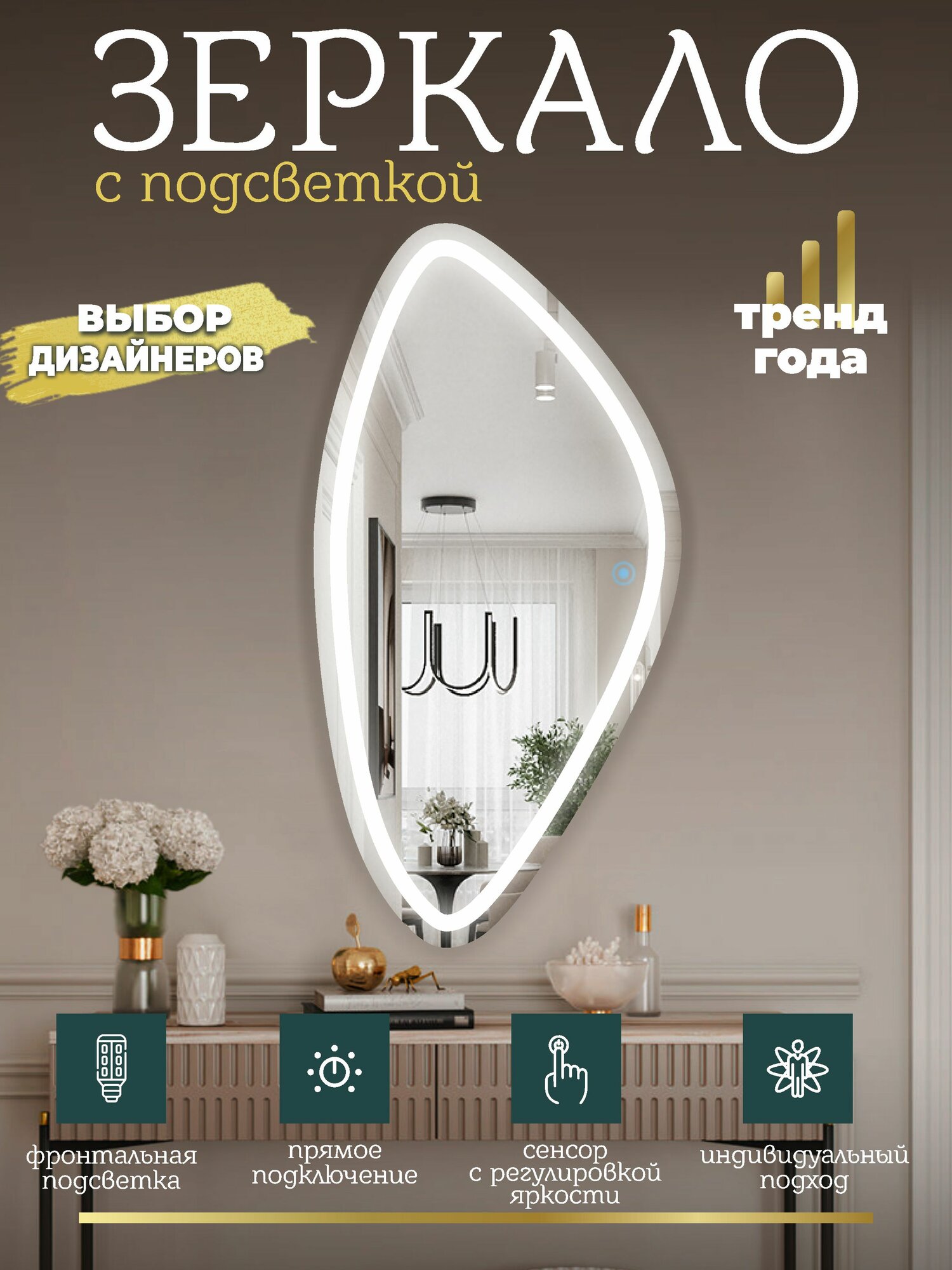 Зеркало настенное "Капля" с подсветкой 75*150 см с фронтальной подсветкой, сенсорная кнопка