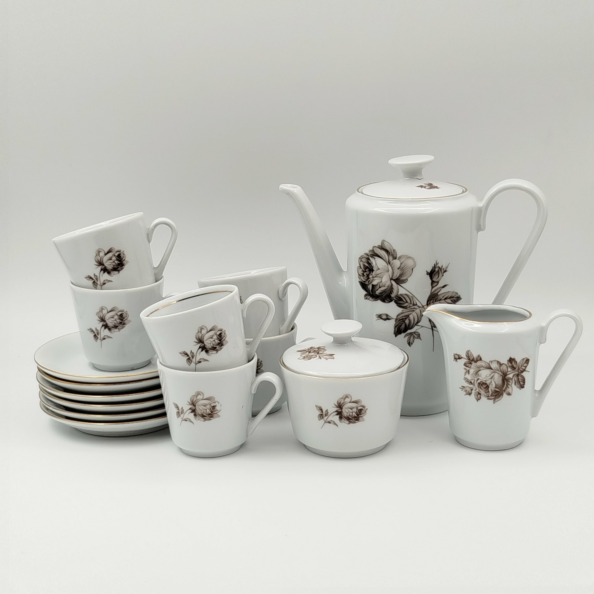 Сервиз кофейный с монохромным цветочным декором на 6 персон (15 предметов), фарфор