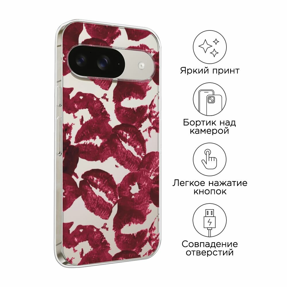 Чехол на Google Pixel 9 / Гугл Пиксель 9 с принтом "Помада паттерн 2", прозрачный — фото 1