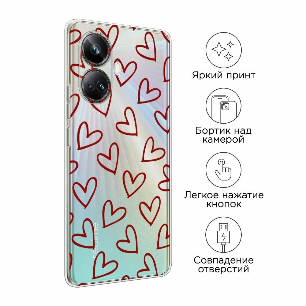 Чехол на Realme 10 Pro+ / Реалми 10 Про+ с принтом "Little hearts doodles 2 - 14 февраля", прозрачный — фото 1