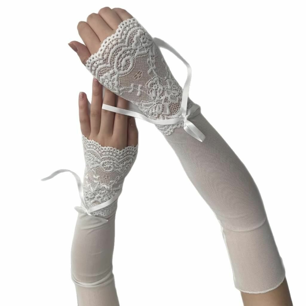 Элегантные кружевные перчатки с завязками, Белый