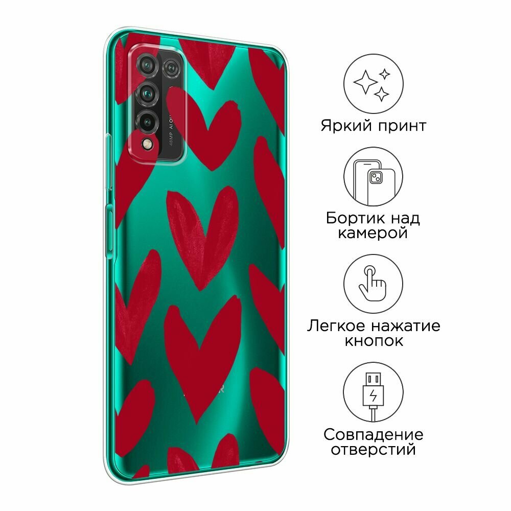 Чехол на Honor 10X Lite / Хонор 10X Лайт с принтом "Красные сердечки рисунок - 14 февраля", прозрачный — фото 1