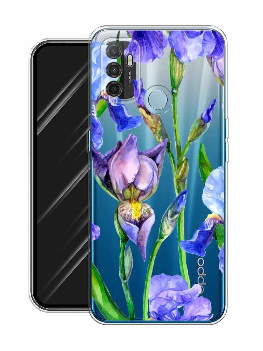 Чехол на Oppo A53 / Оппо А53 с принтом "Синие ирисы", прозрачный — фото 1