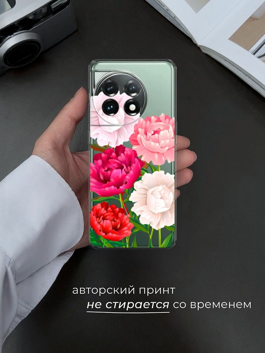 Чехол на OnePlus 11 / Ван Плас 11 с принтом "Большие пионы", прозрачный — фото 1