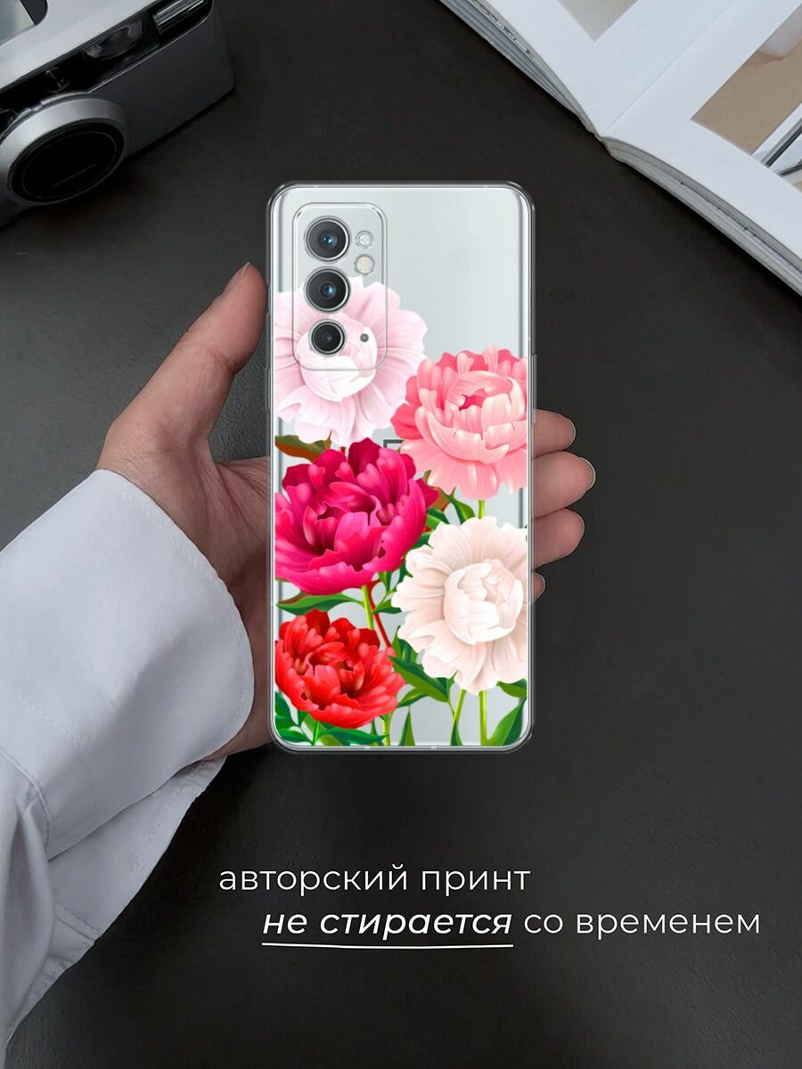 Чехол на OnePlus 9RT / ВанПлас 9RT с принтом "Большие пионы", прозрачный — фото 1