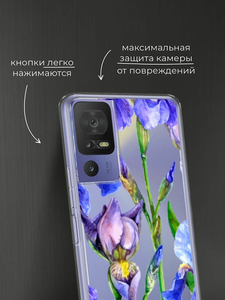 Чехол на TCL 40 SE / ТСЛ 40 SE с принтом "Синие ирисы", прозрачный — фото 1