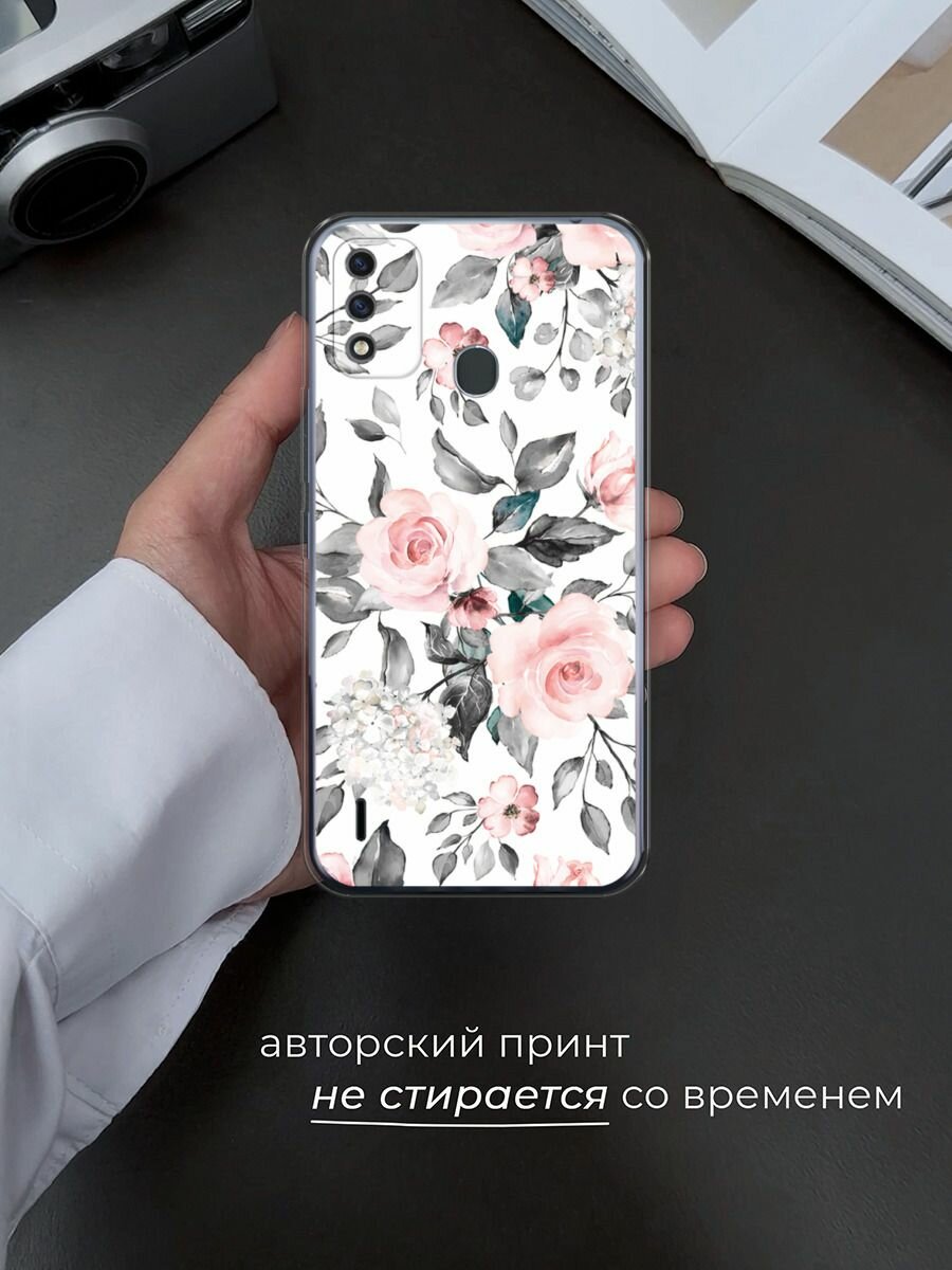 Силиконовый чехол на Itel A48 / Ител А48 с принтом "Розы на белом" — фото 1