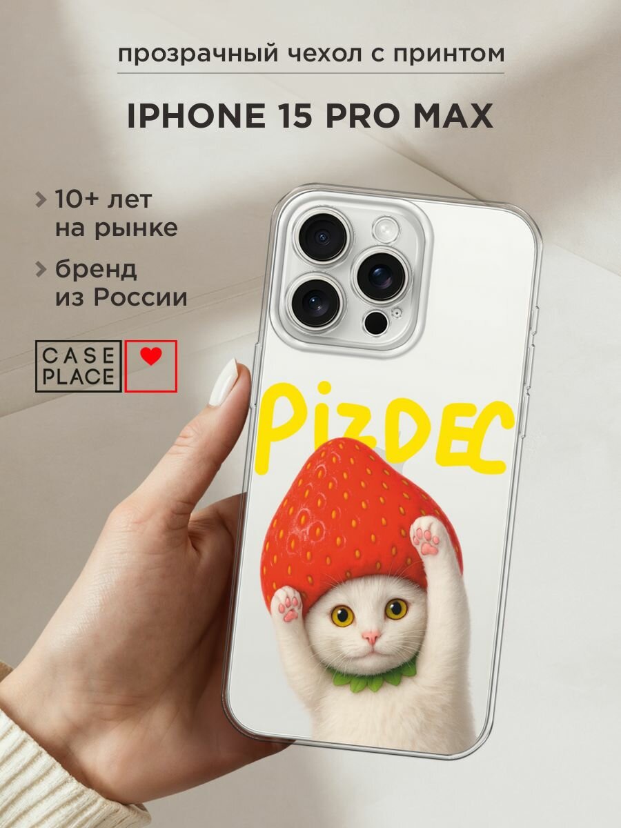 Чехол на Apple iPhone 15 Pro Max / Айфон 15 Про Макс с принтом "Котик с надписью", прозрачный