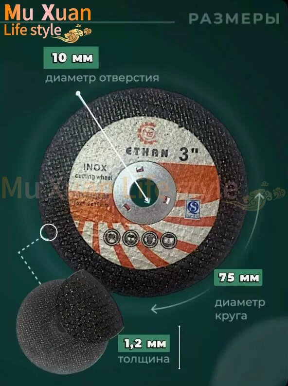 10шт Круг отрезной для УШМ 75*1.2*10 мм / Диск шлифовальный по металлу