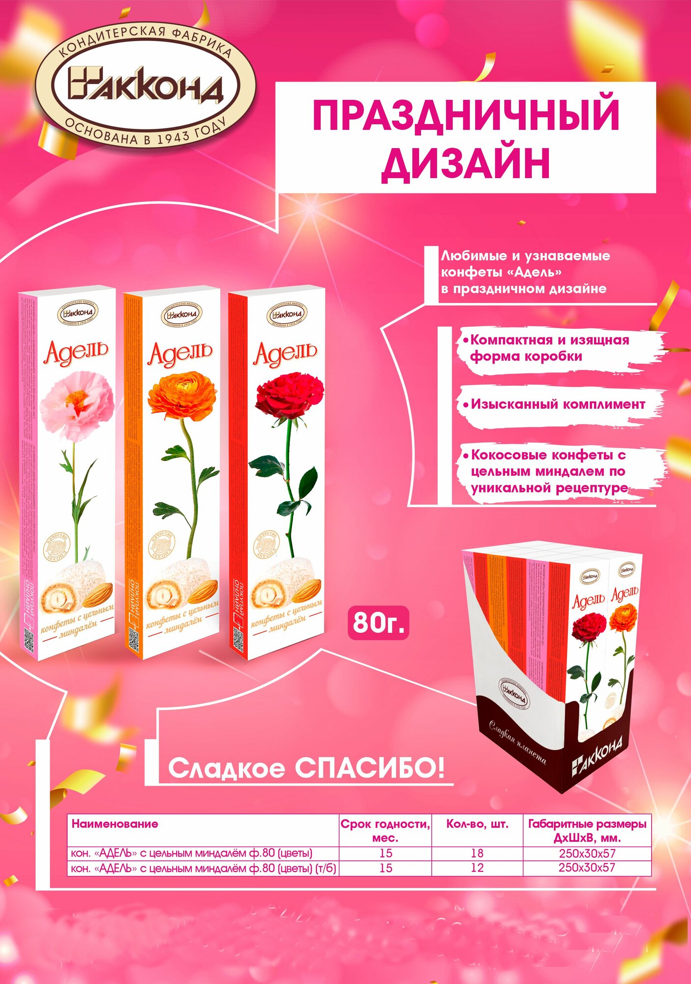 Конфеты Подарочные Акконд адель цветы с цельным миндалём 80 гр 12 шт