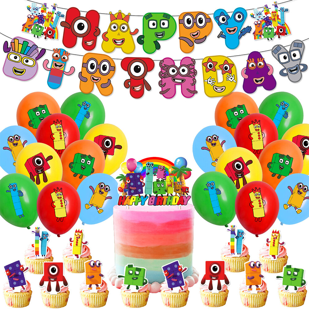 34 предмета для вечеринки Numberblocks для детей, в том числе баннер, верхний слой для торта, воздушные шары