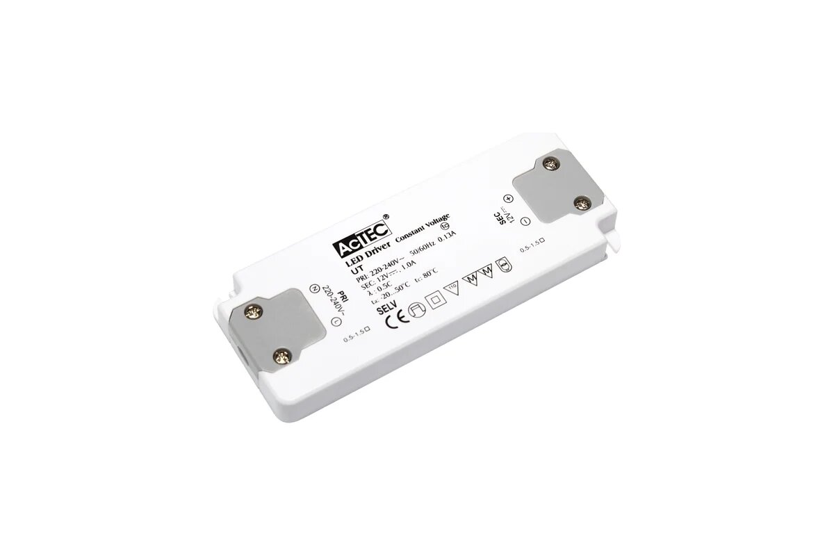 AcTEC UT24V/12W Блок питания 24В, 12Вт, IP20, 0.5A, размеры 128×50×13 мм, корпус