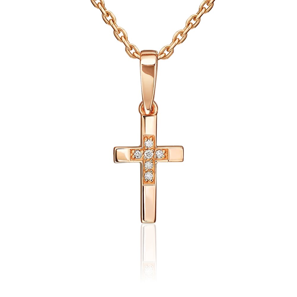 Крестик, красное золото, 585 проба, родирование, бриллиант