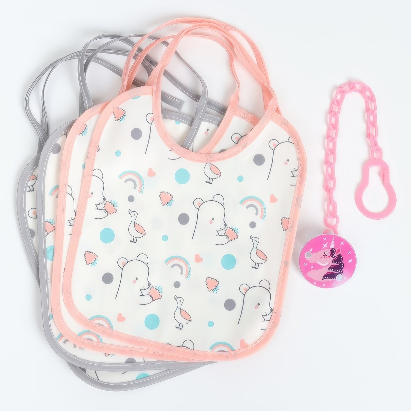 Набор детских слюнявчиков Крошка Я, 4 шт. + подарок, 20х17 см, цвет розовый, серый