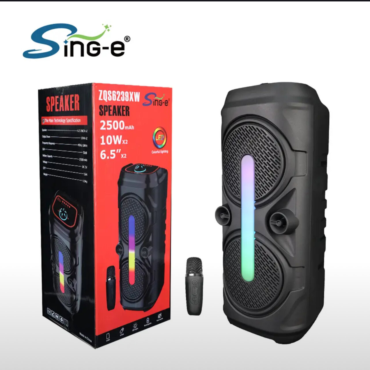 Портативный динамик Sing-E ZQS6239XW, Deep Bass, 20Вт, поддержка AUX/USB, RGB-подсветкой