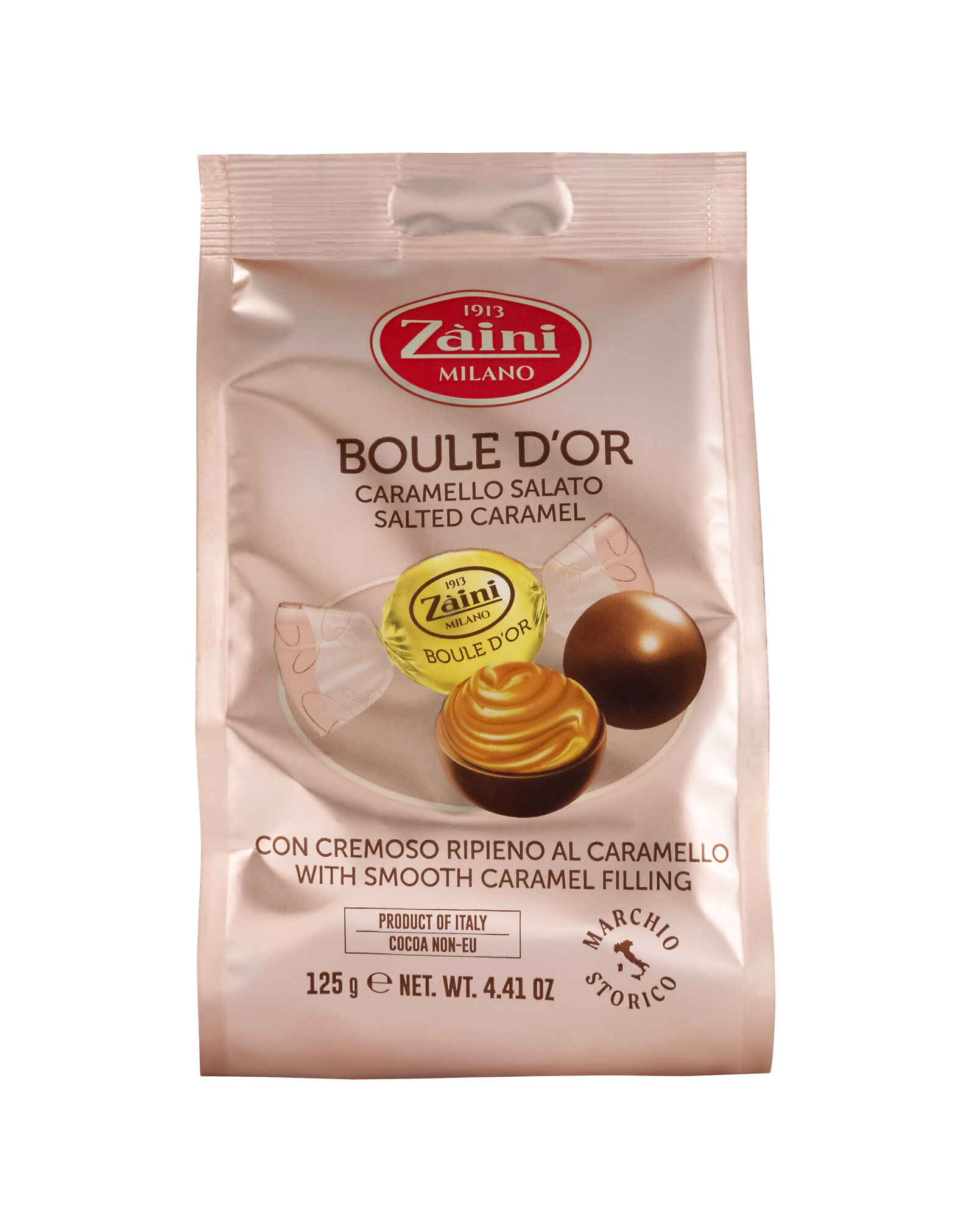 Пралине Zaini BOULE D'OR из молочного шоколада с начинкой со вкусом соленая карамель, 125г