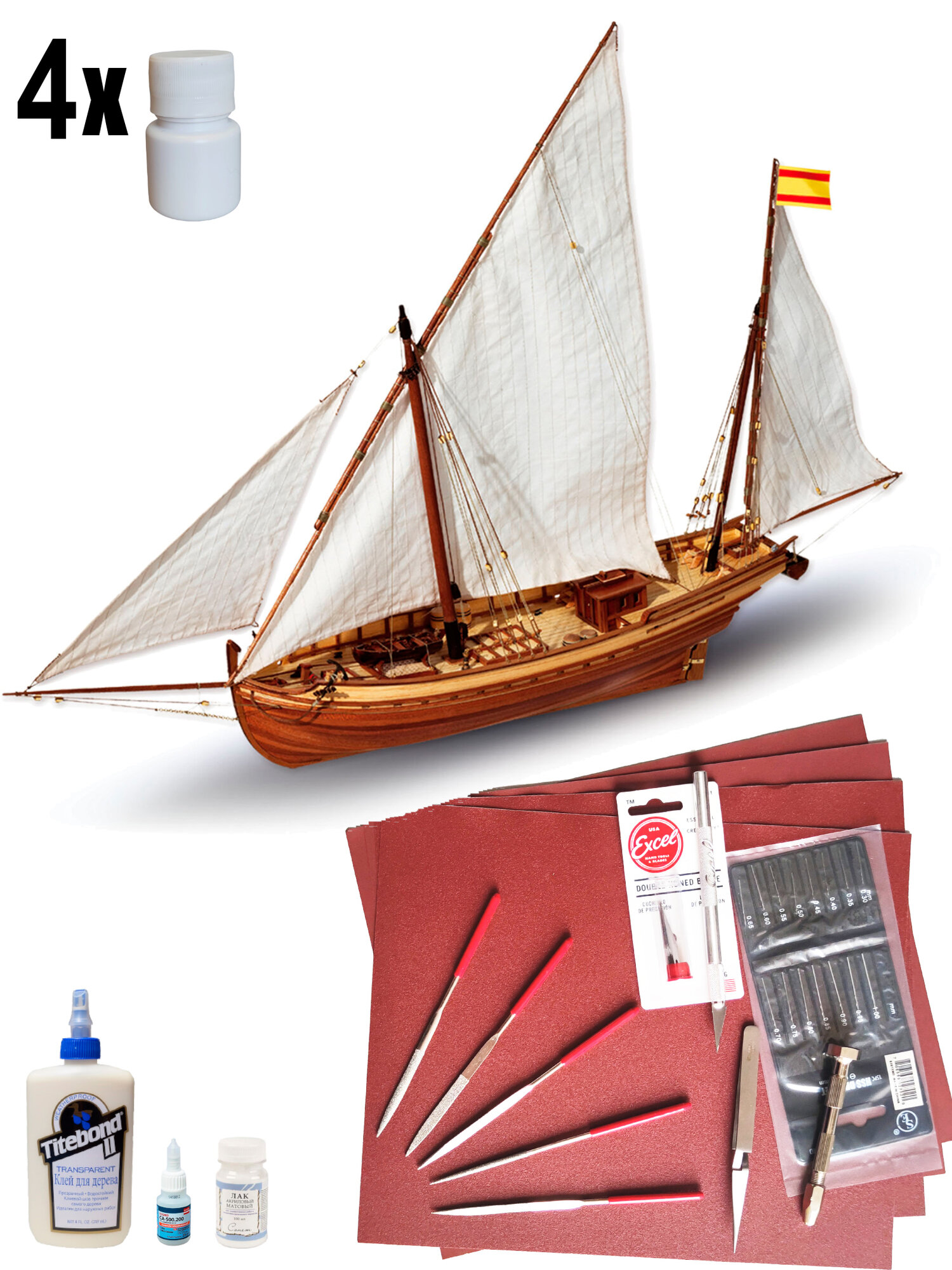 Модель парусного корабля OcCre Фелюга San Juan, 70 часов, М.1:70, подарочный набор, инструменты, краски, лак, клея