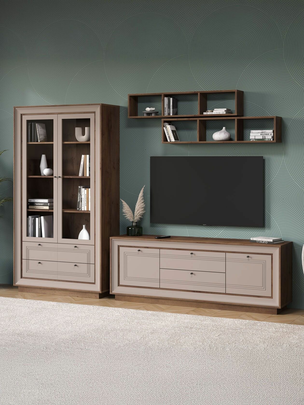 Гостиная комплект Прато Миди, ТВ-тумба, шкаф-витрина, настенные полки, 290х42.6х202 см, Таксония шоколадная / Кофе с молоком