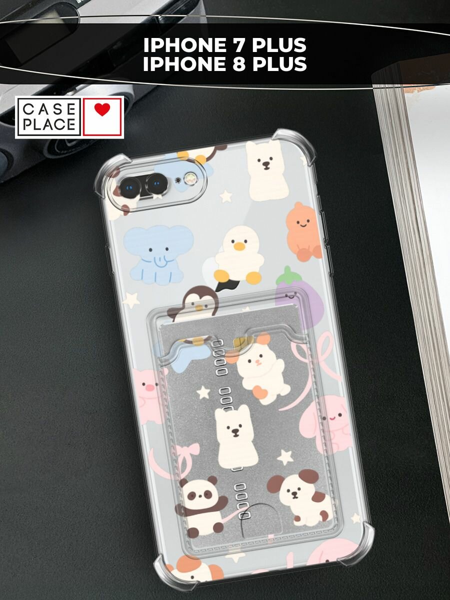 Чехол на Apple iPhone 7 Plus/8 Plus (Айфон 7 Плюс/8 Плюс) с картой и принтом Детеныши животных паттерн