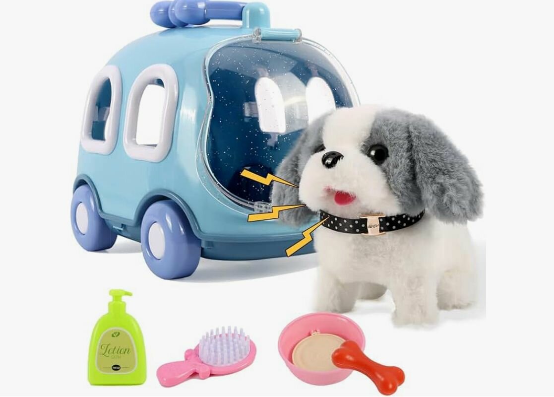Интерактивная игрушка собачка с миской, косточкой, шампунем, расческой в домике переноске, игрушка для девочек и мальчиков