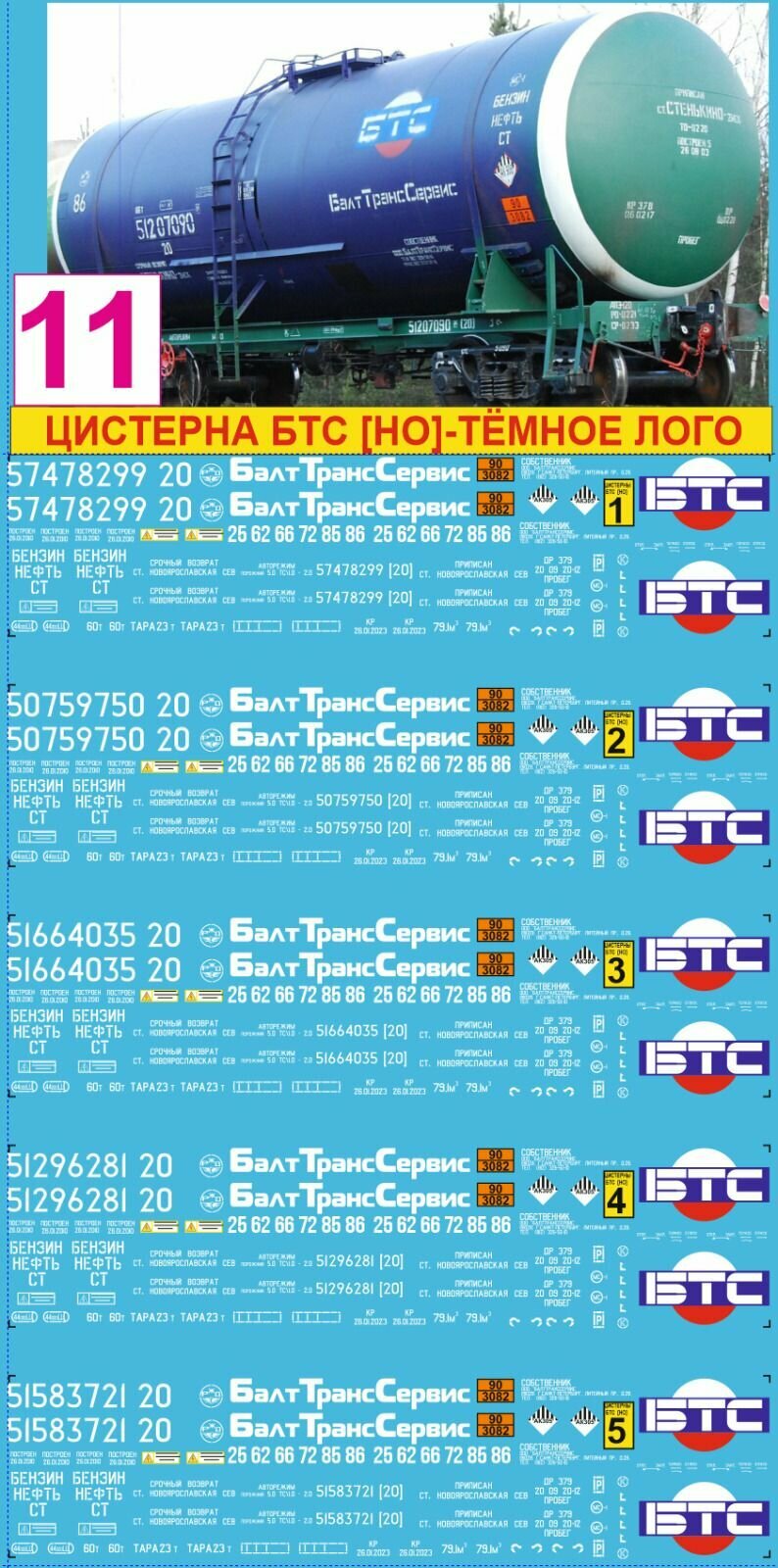 Декаль на цистерну БТС HO для перевозки опасных грузов СТ Котлы 25, 62, 66, 72, 86: Блок №11