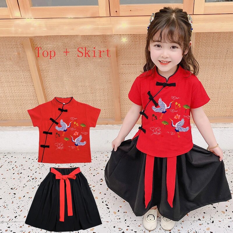 Детский традиционный китайский костюм Тан из хлопка ODFVEBX 110cm, Short sleeve girl