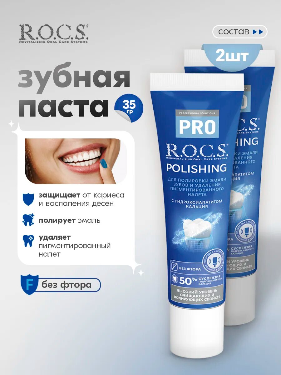Набор зубных паст ROCS Polishing Полировочная, от кариеса 35г*2шт