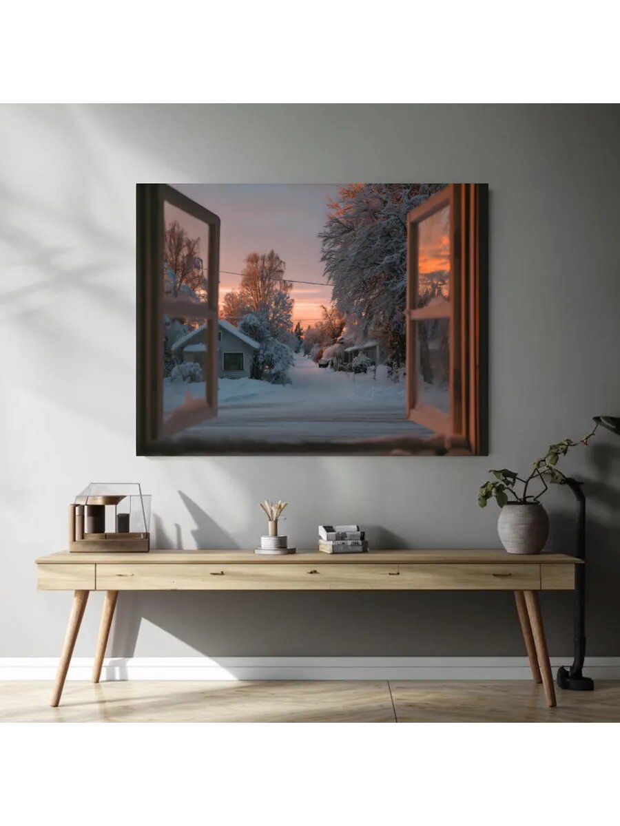 Картина на холсте с подрамником Вид из окна, зимний пейзаж, закат, 22*32 см