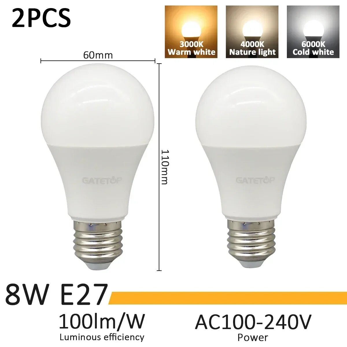Светодиодная лампа Gatetop 2 шт, 220 В, 18/24 Вт, 3 цвета 8W E27