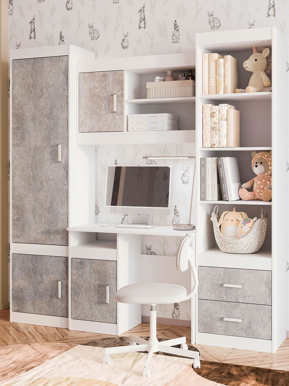 Детская комплект Паскаль Мини с полкой, со стеллажом, со столом, со шкафом, 203.4х50х210 см, Белый / Цемент светлый
