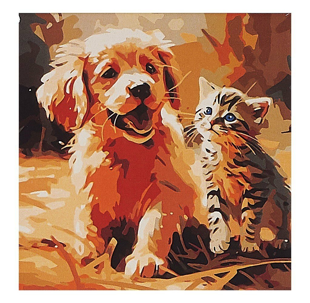 Холст с красками по номерам в коробке. "Собаки" Пушистые друзья 30х30, 20 цветов