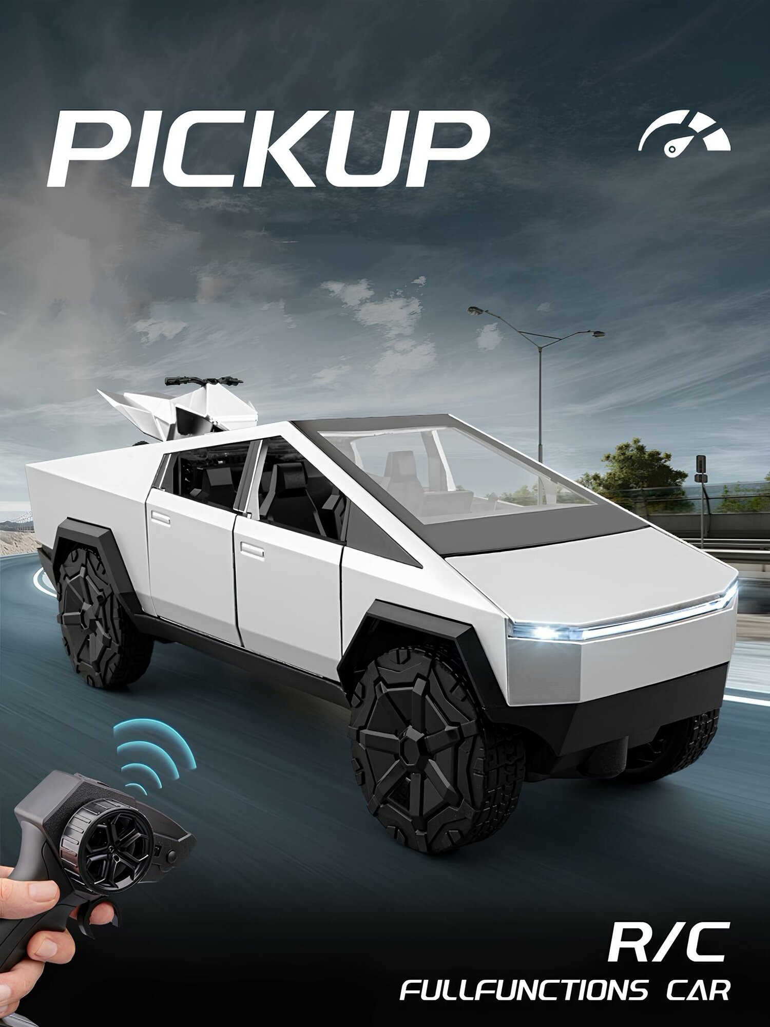 Радиоуправляемая Tesla Cybertruck на пульте ДУ, металлическая RC-модель 1:24 со съемным квадроциклом, звуком и светом