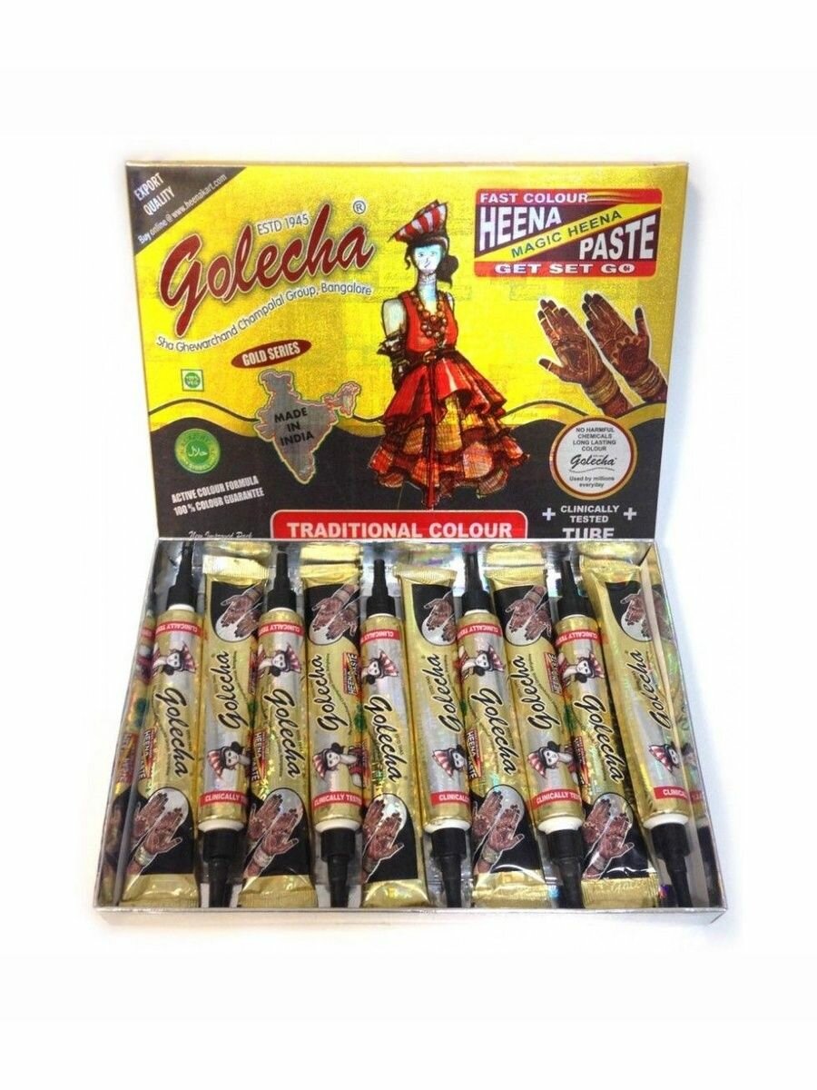 Хна для мехенди в конусе каштановый цвет / Henna Paste Golecha 25 гр х10шт.