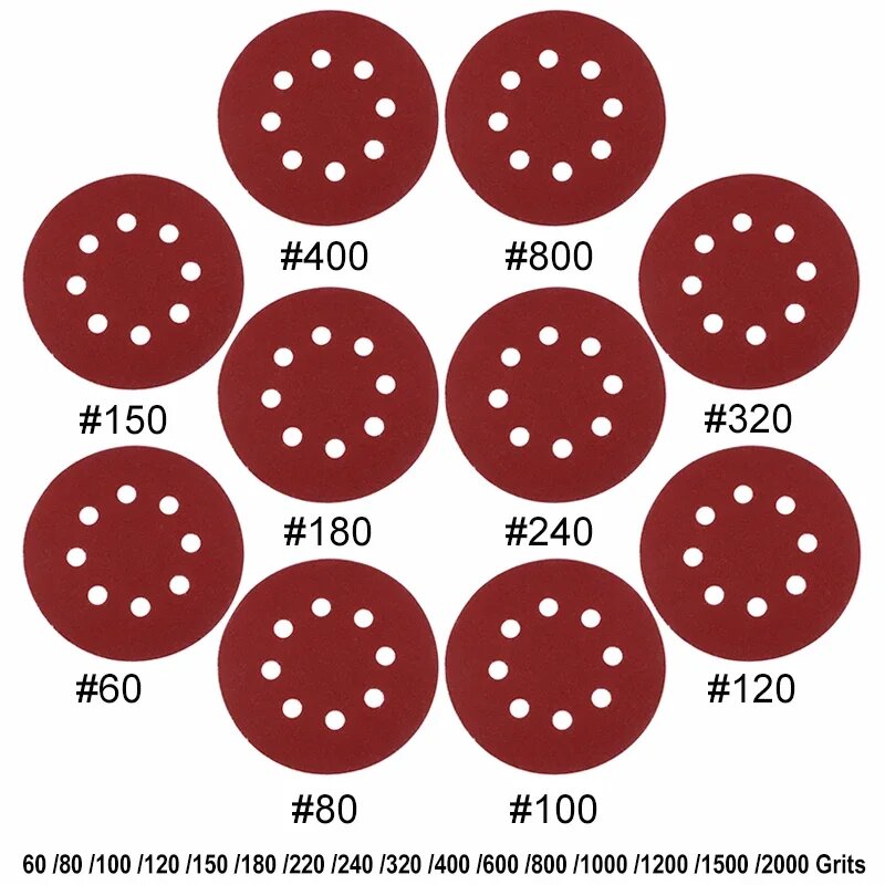 5/10 шт, 5 дюймов, 125 мм, круглая наждачная бумага, диск с восемью отверстиями, шлифовальные листы, зернистость 60-2000, шлифовальный диск на липучке, полировальная наждачная бумага 5pcs, 320grits