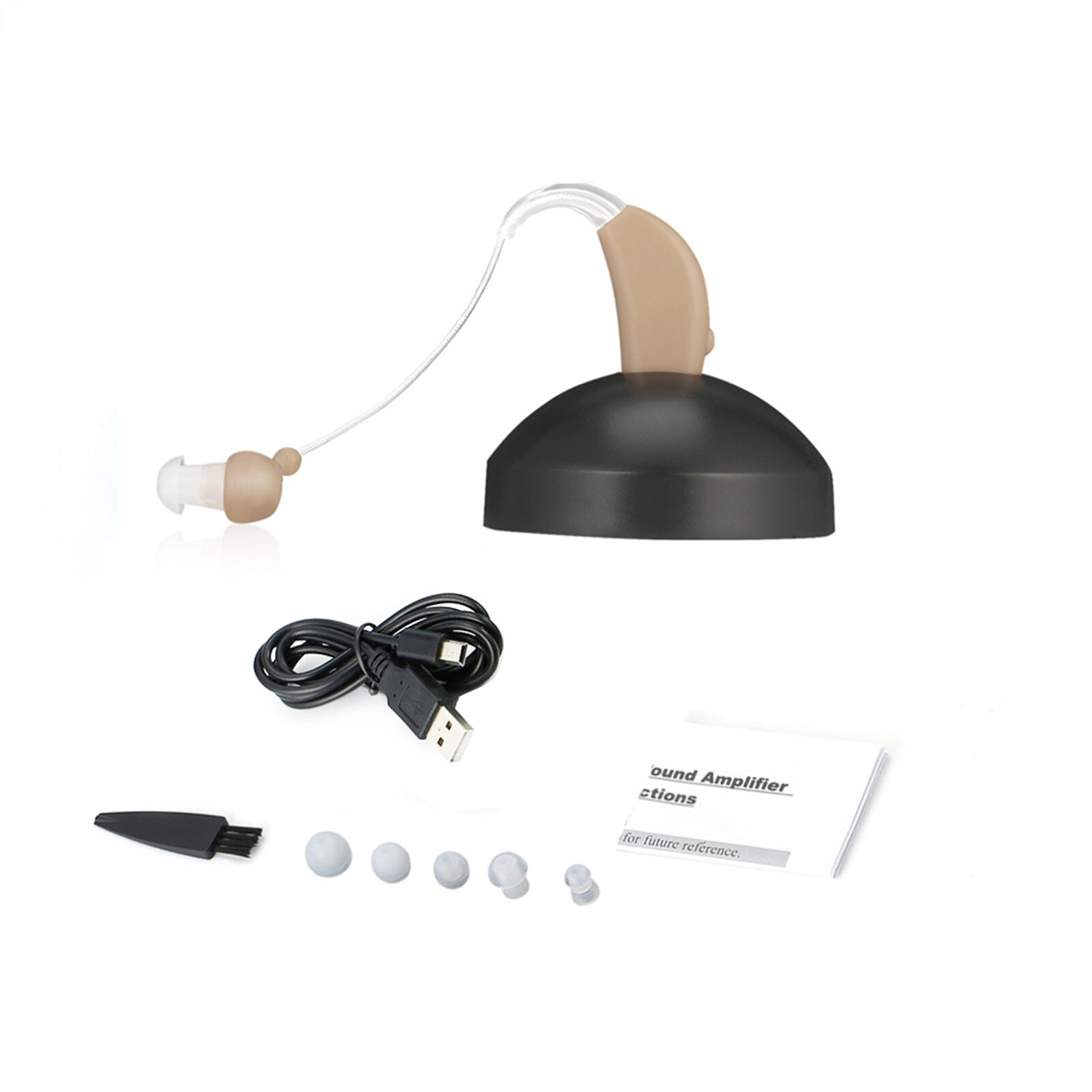 Мини накопительный слуховой прибор-усилитель звука заушной типа с базой для заряда, материал ABS+силикон, батарея 1*встроенная 1.2V 1.2mAh, входящий шум ≤32dB, время зарядки 1-2 часа, время работы 12-15 часов, в комплект входят 1*слуховой прибор,