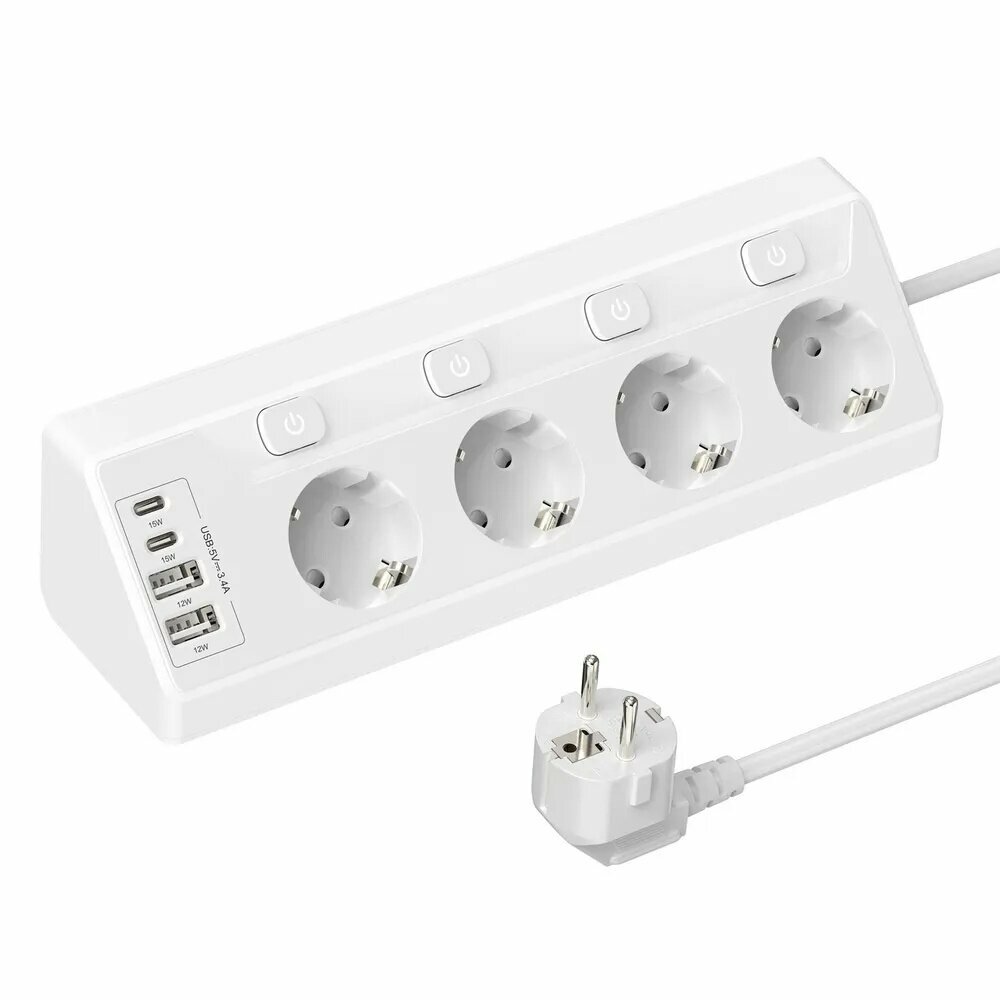 HITRENDS сетевой фильтр, Угловая розетка с 4 AC и 2 Usb и 2 Type-C, индивидуальные выключатели, кабель 1.5 мм2 (2 м), белое
