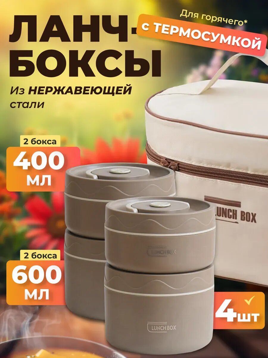 Ланч бокс металлический круглый для еды с термосумкой