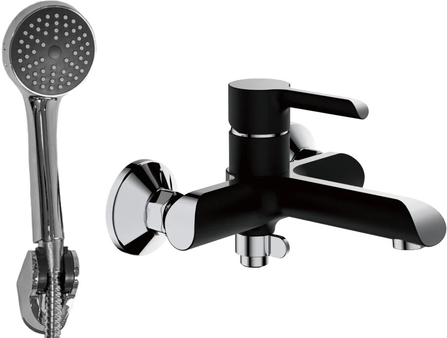 Смеситель для ванны с душем Haiba HB60805-7 с душевым гарнитуром, настенный, однорычажный, с поворотным изливом, черный, матовый, латунный, с керамическим картриджем