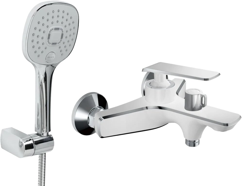 Смеситель для ванны с душем Haiba HB60548-8 с душевым гарнитуром, настенный, однорычажный, белый, глянцевый, латунный, с керамическим картриджем