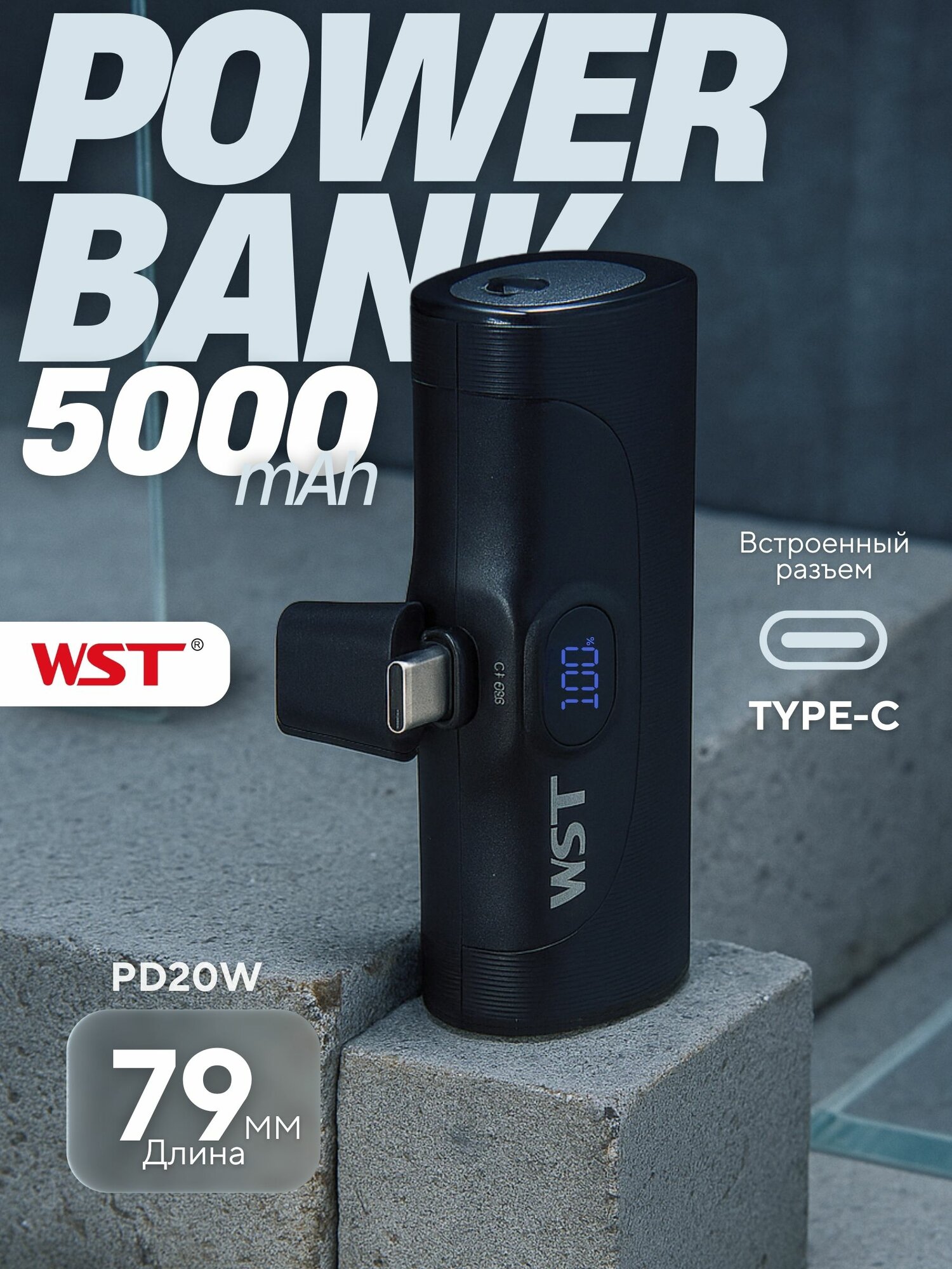 Внешний аккумулятор Power bank 5000 mAh WST WP020 с коннектором Type-C доп аккумуляторы к зарядным станциям Smart Volt 5000, черный